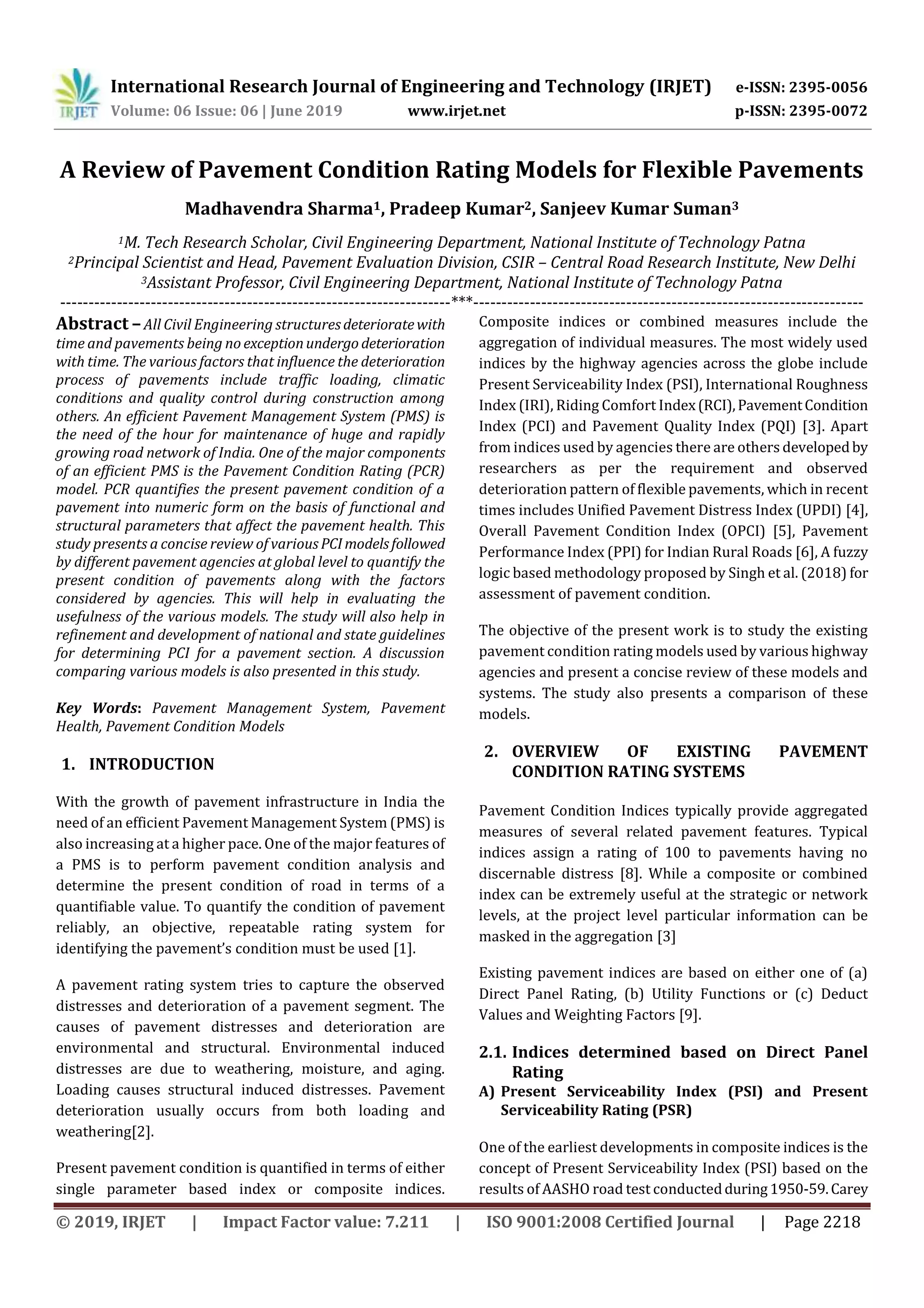 IRJET- A Review of Pavement Condition Rating Models for Flexible Pavements | PDF