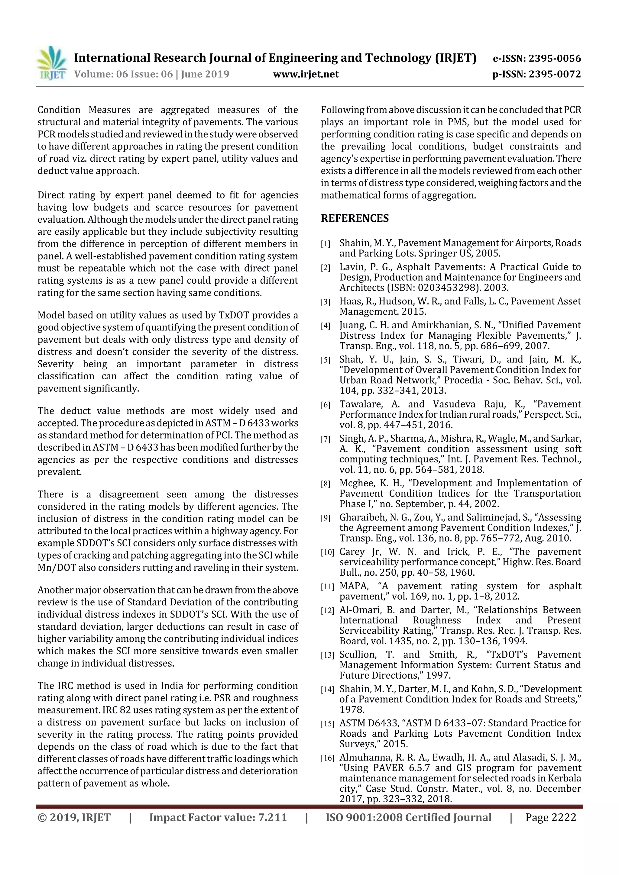 IRJET- A Review of Pavement Condition Rating Models for Flexible ...