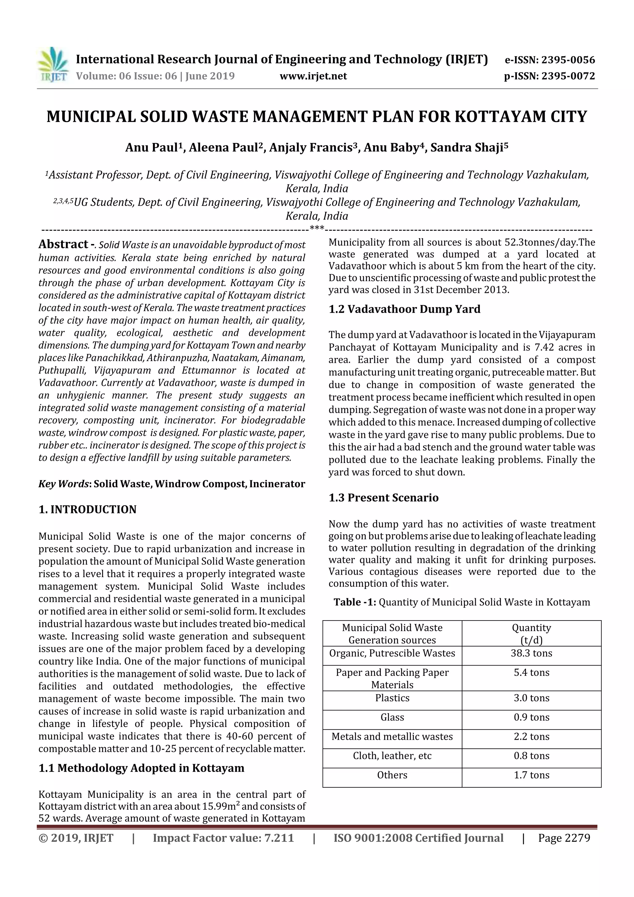 IRJET- Municipal Solid Waste Management Plan for Kottayam City | PDF