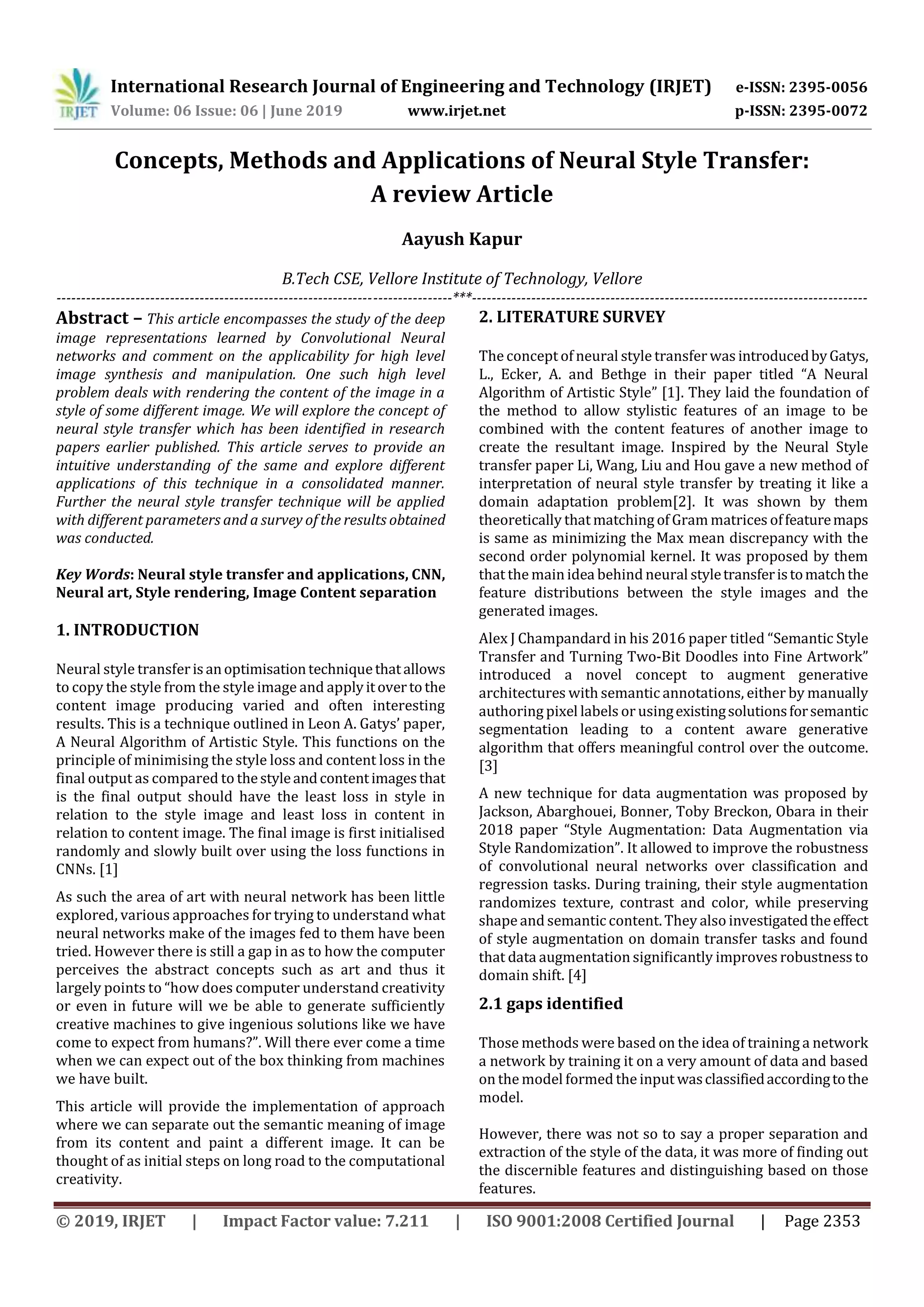 IRJET- Concepts, Methods and Applications of Neural Style Transfer: A ...