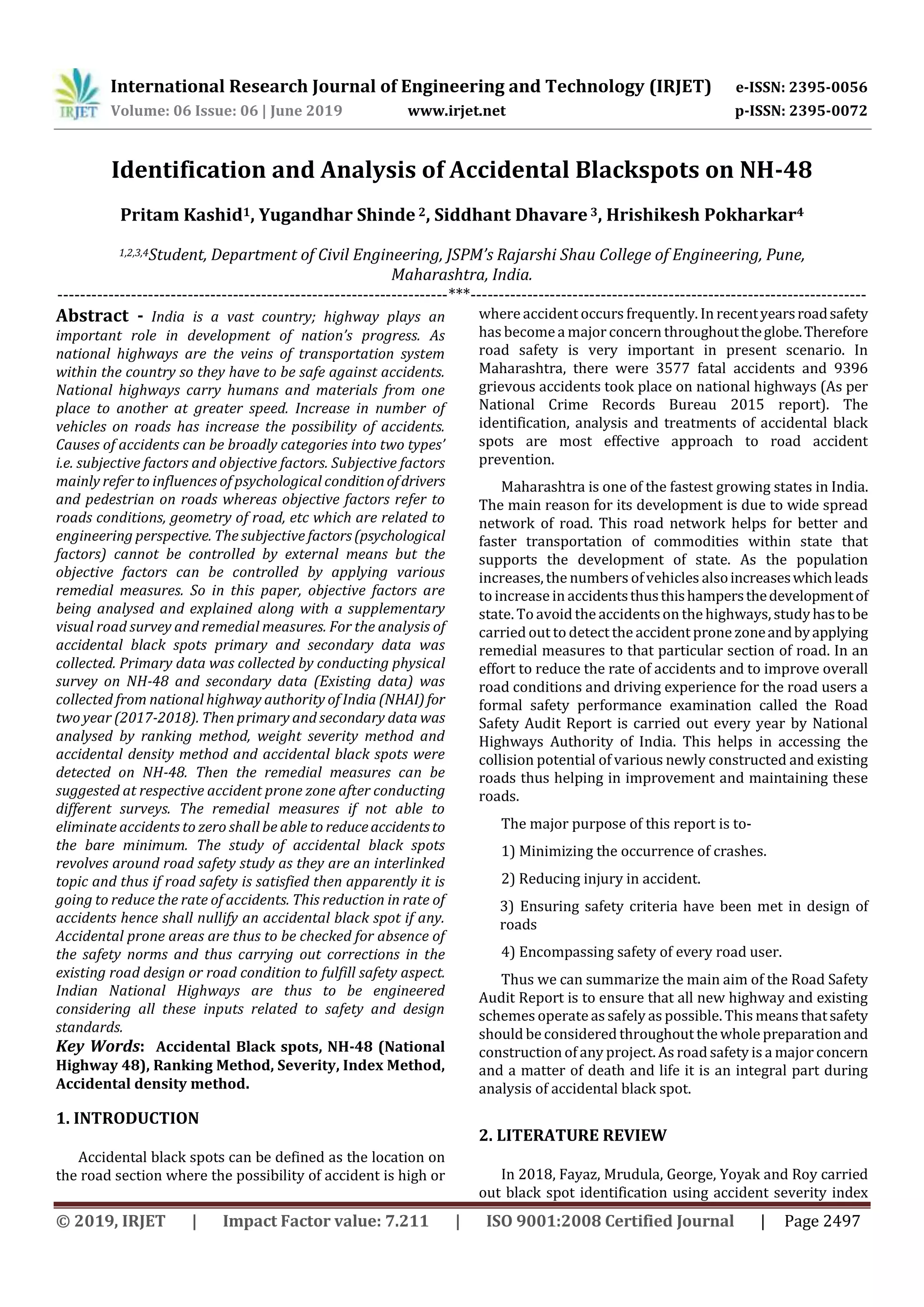 IRJET- Identification and Analysis of Accidental Blackspots on NH-48 | PDF