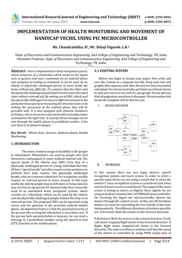 IRJET- Implementation of Health Monitoring and Movement of Handicap Vechil using Pic ...