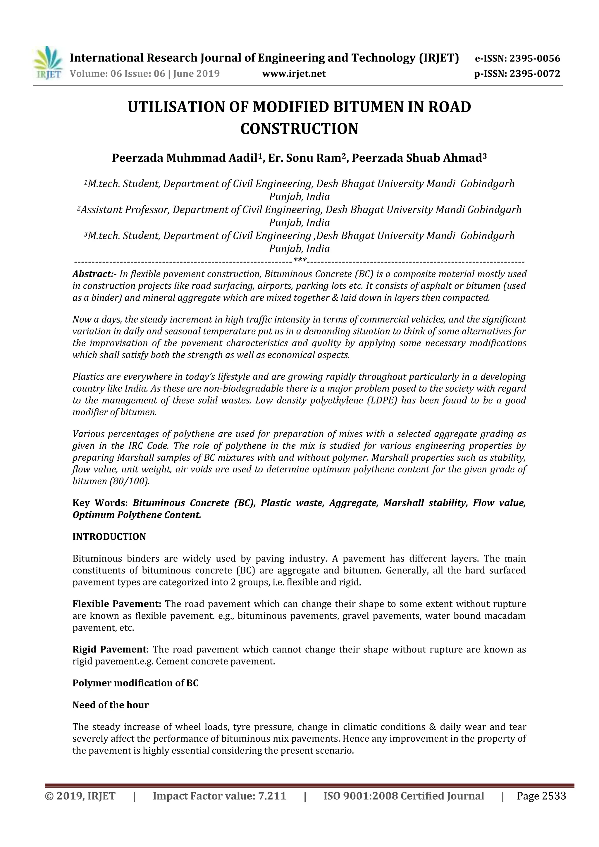 IRJET- Utilisation of Modified Bitumen in Road Construction | PDF