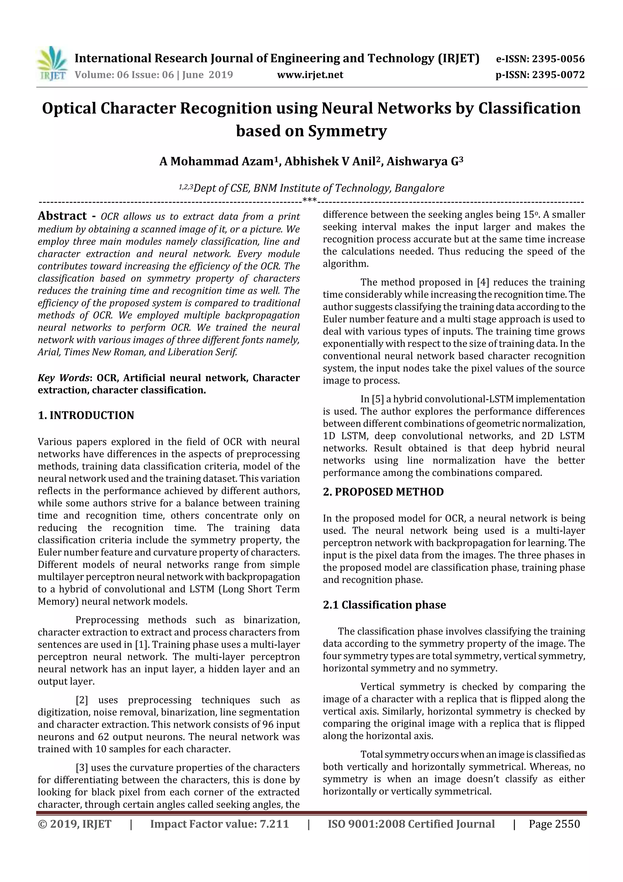 IRJET- Optical Character Recognition using Neural Networks by Classification based on Symmetry | PDF
