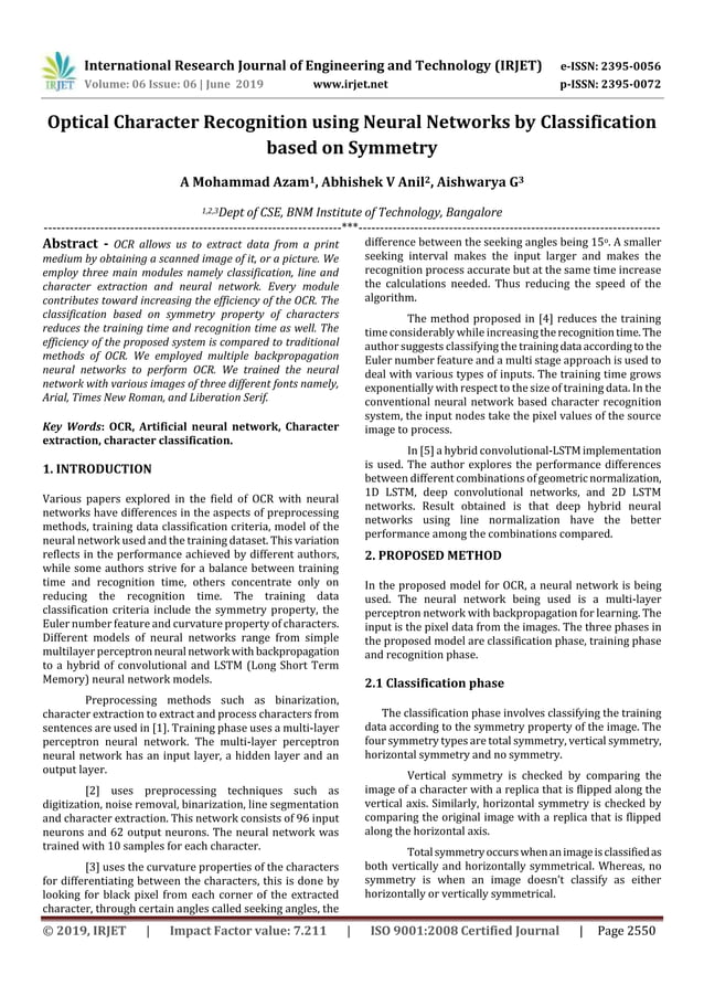 IRJET- Optical Character Recognition using Neural Networks by Classification based on Symmetry | PDF