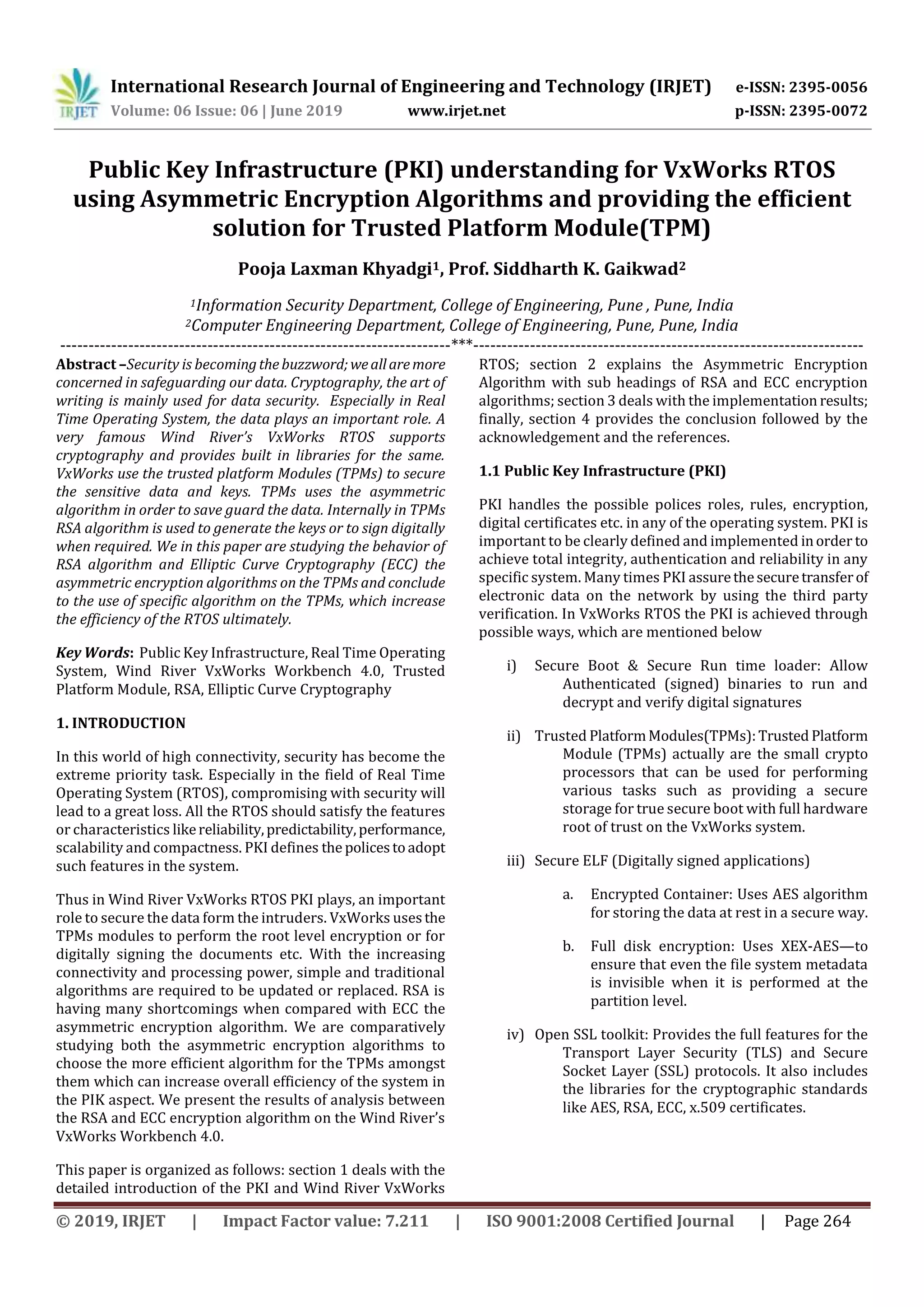 Irjet Public Key Infrastructure Pki Understanding For Vxworks Rtos Using Asymmetric