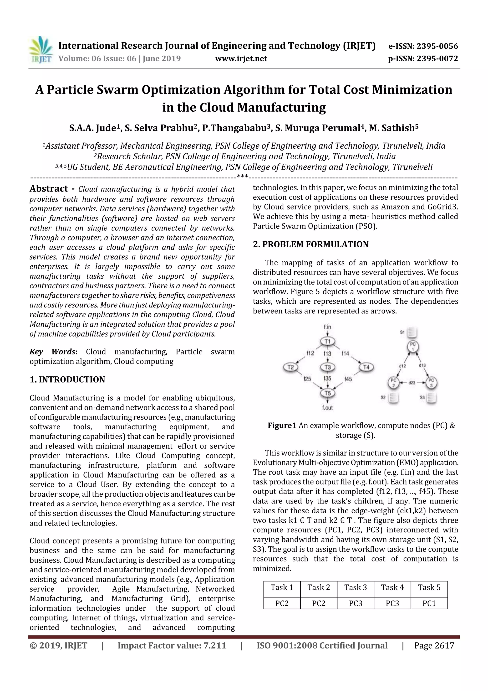 IRJET- A Particle Swarm Optimization Algorithm for Total Cost Minimization in the Cloud ...