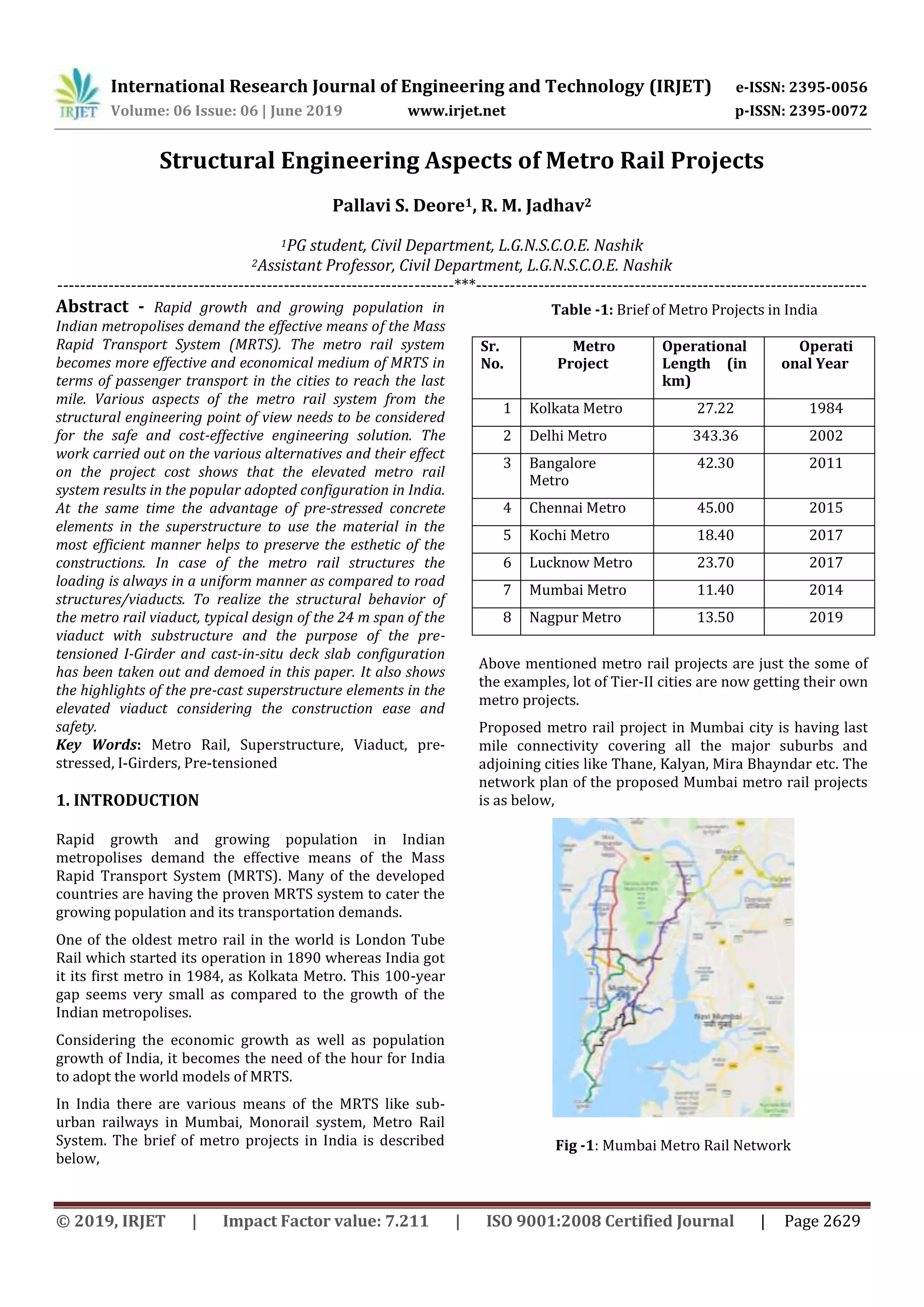IRJET- Structural Engineering Aspects of Metro Rail Projects | PDF