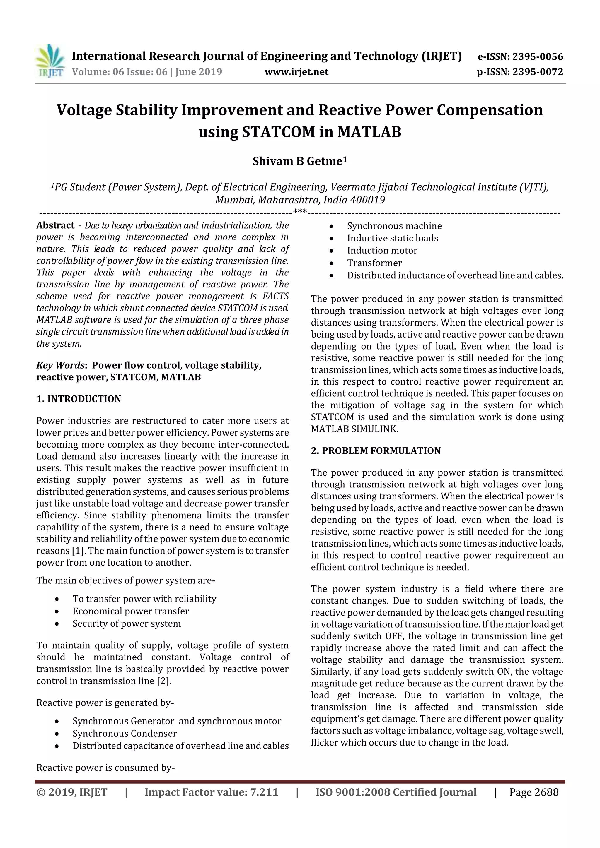 IRJET- Voltage Stability Improvement and Reactive Power Compensation using STATCOM in MATLAB | PDF