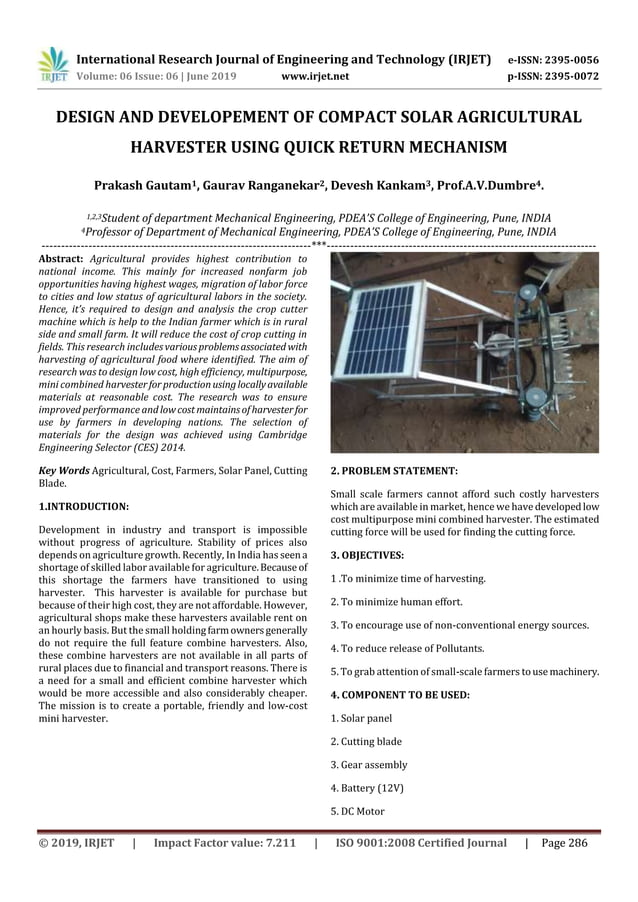 IRJET- Design and Developement of Compact Solar Agricultural Harvester ...