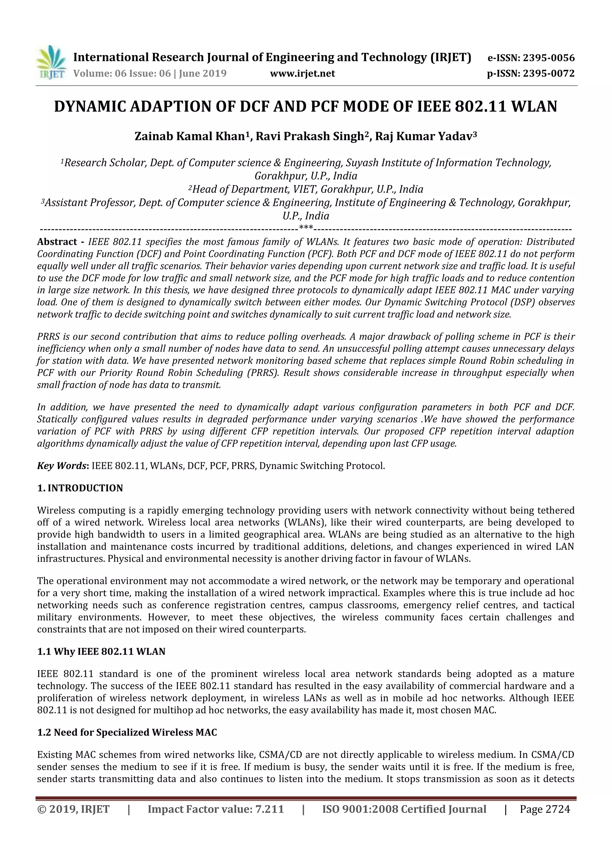 IRJET- Dynamic Adaption of DCF and PCF Mode of IEEE 802.11 WLAN | PDF