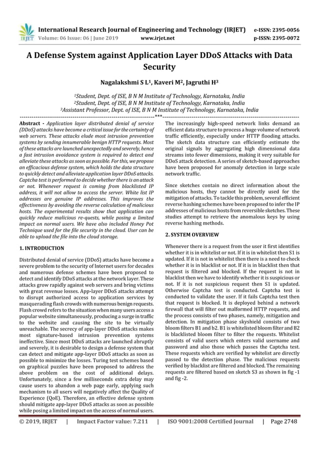 IRJET- A Defense System Against Application Layer Ddos Attacks with Data Security | PDF