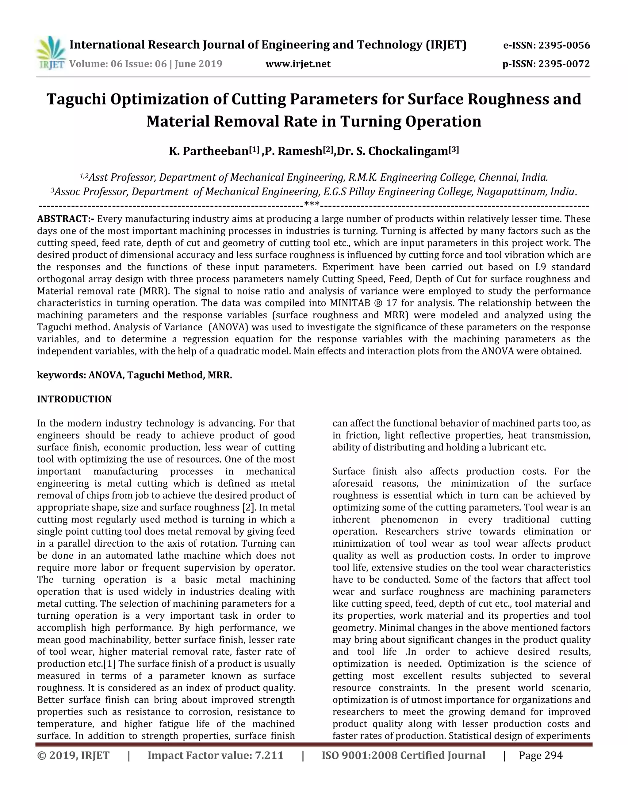 Irjet Taguchi Optimization Of Cutting Parameters For Surface Roughness