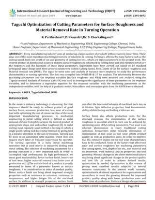 IRJET- Taguchi Optimization of Cutting Parameters for Surface Roughness and Material Removal ...