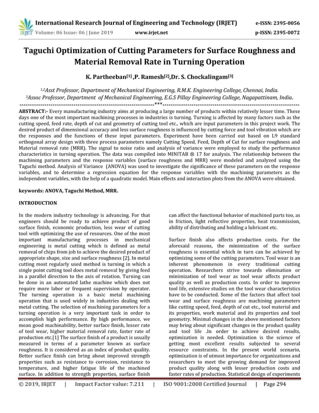Irjet Taguchi Optimization Of Cutting Parameters For Surface Roughness