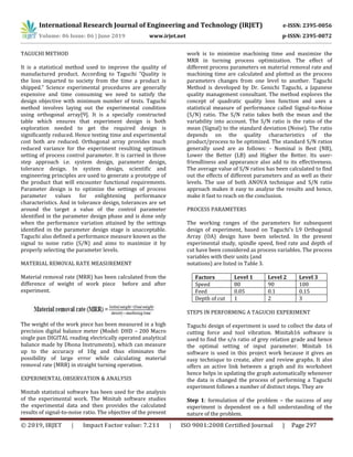 IRJET- Taguchi Optimization of Cutting Parameters for Surface Roughness and Material Removal ...