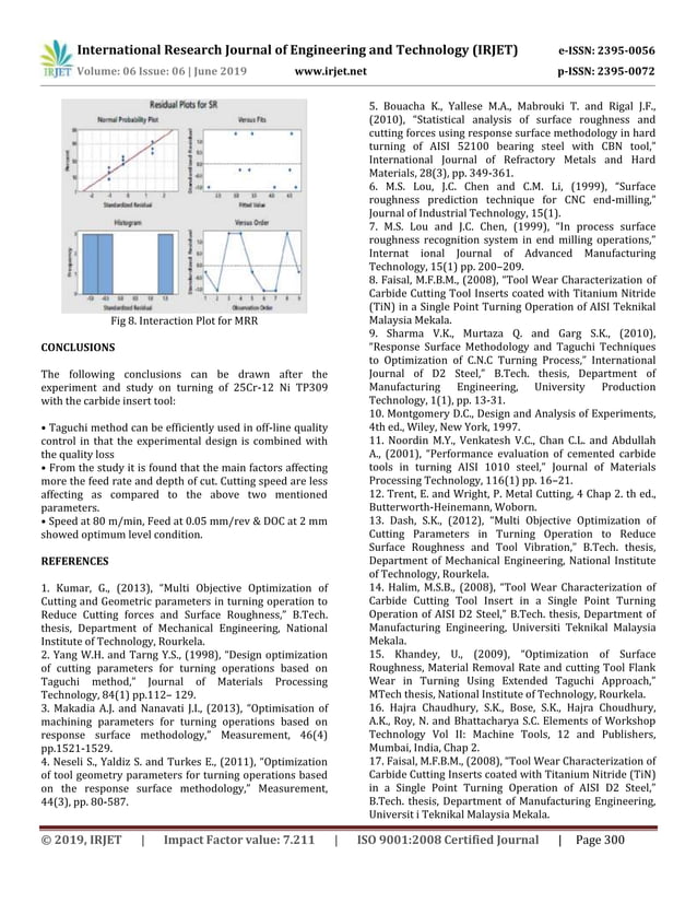 IRJET- Taguchi Optimization of Cutting Parameters for Surface Roughness and Material Removal ...