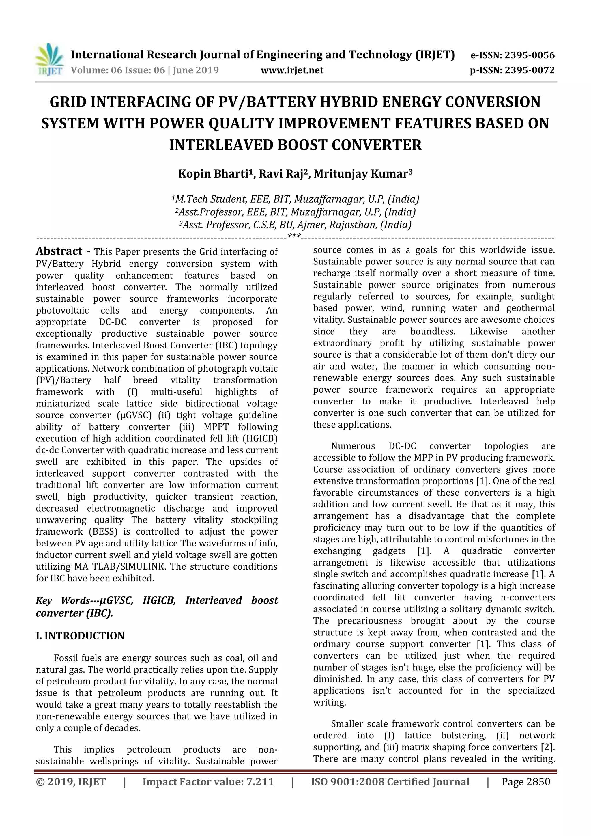 IRJET- Grid Interfacing of Pv/Battery Hybrid Energy Conversion System with Power Quality ...