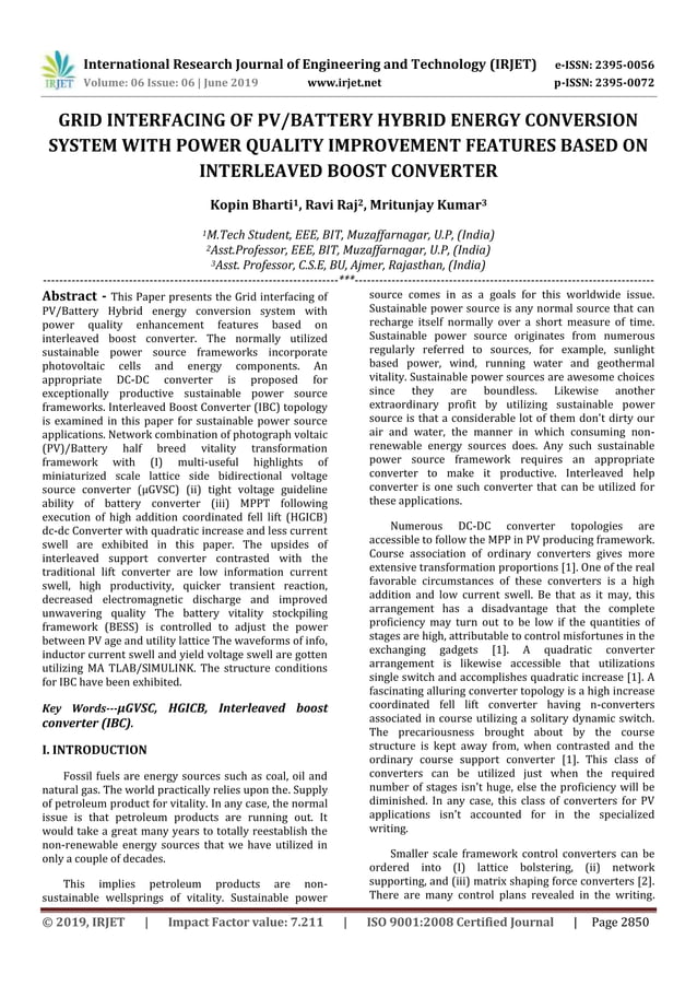IRJET- Grid Interfacing of Pv/Battery Hybrid Energy Conversion System with Power Quality ...