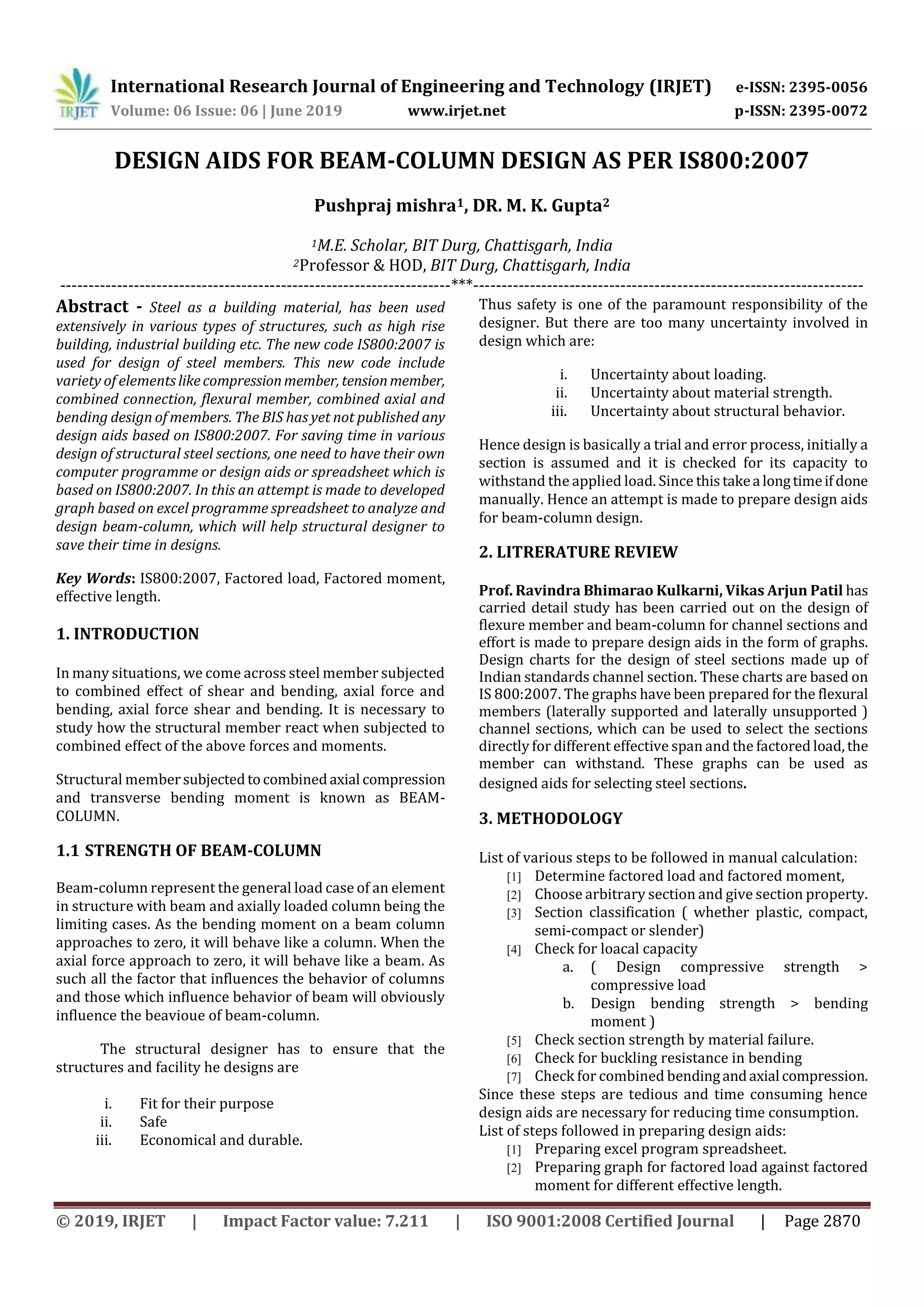 IRJET- Design AIDS for Beam-Column Design as per IS 800:2007 | PDF