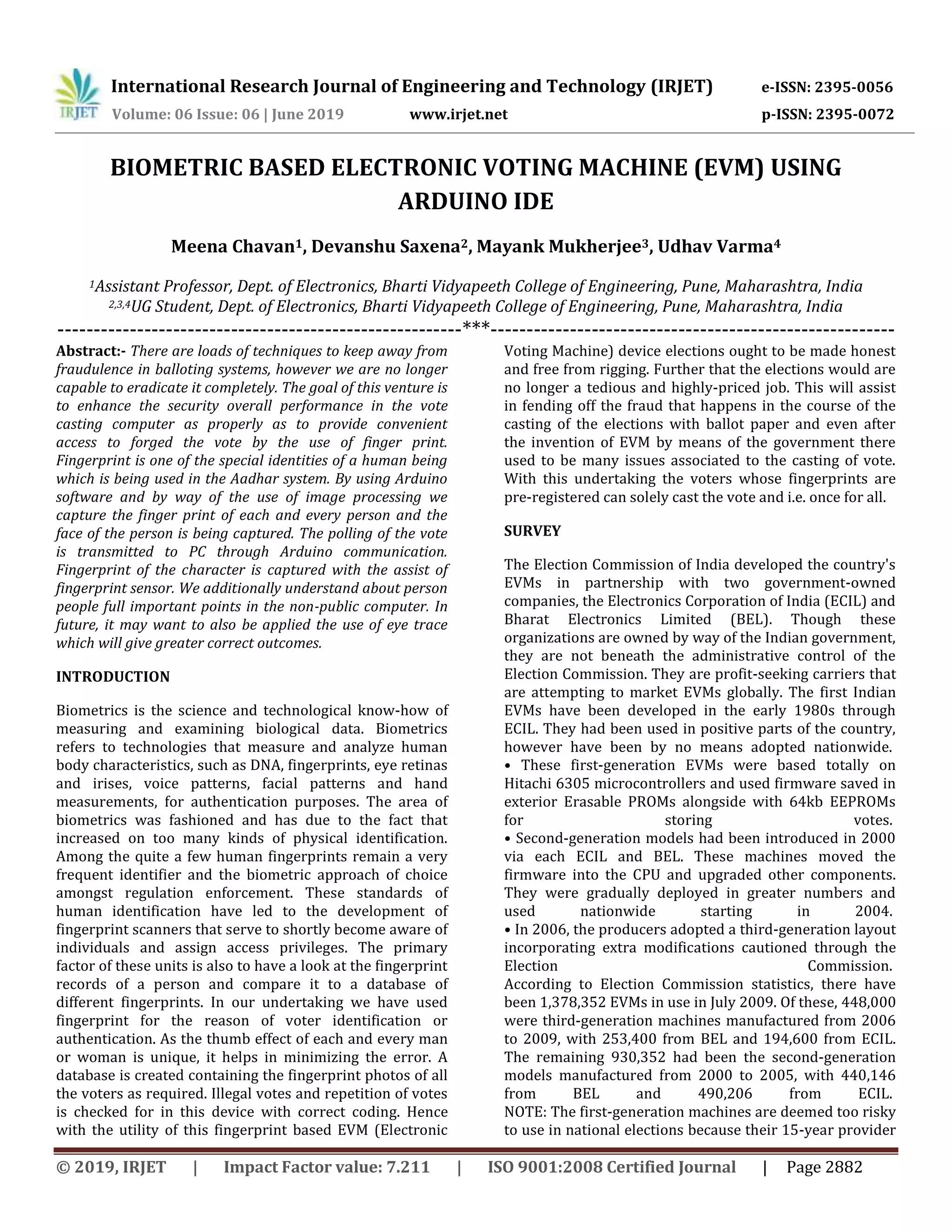 IRJET- Biometric based Electronic Voting Machine (EVM) using Arduino IDE | PDF