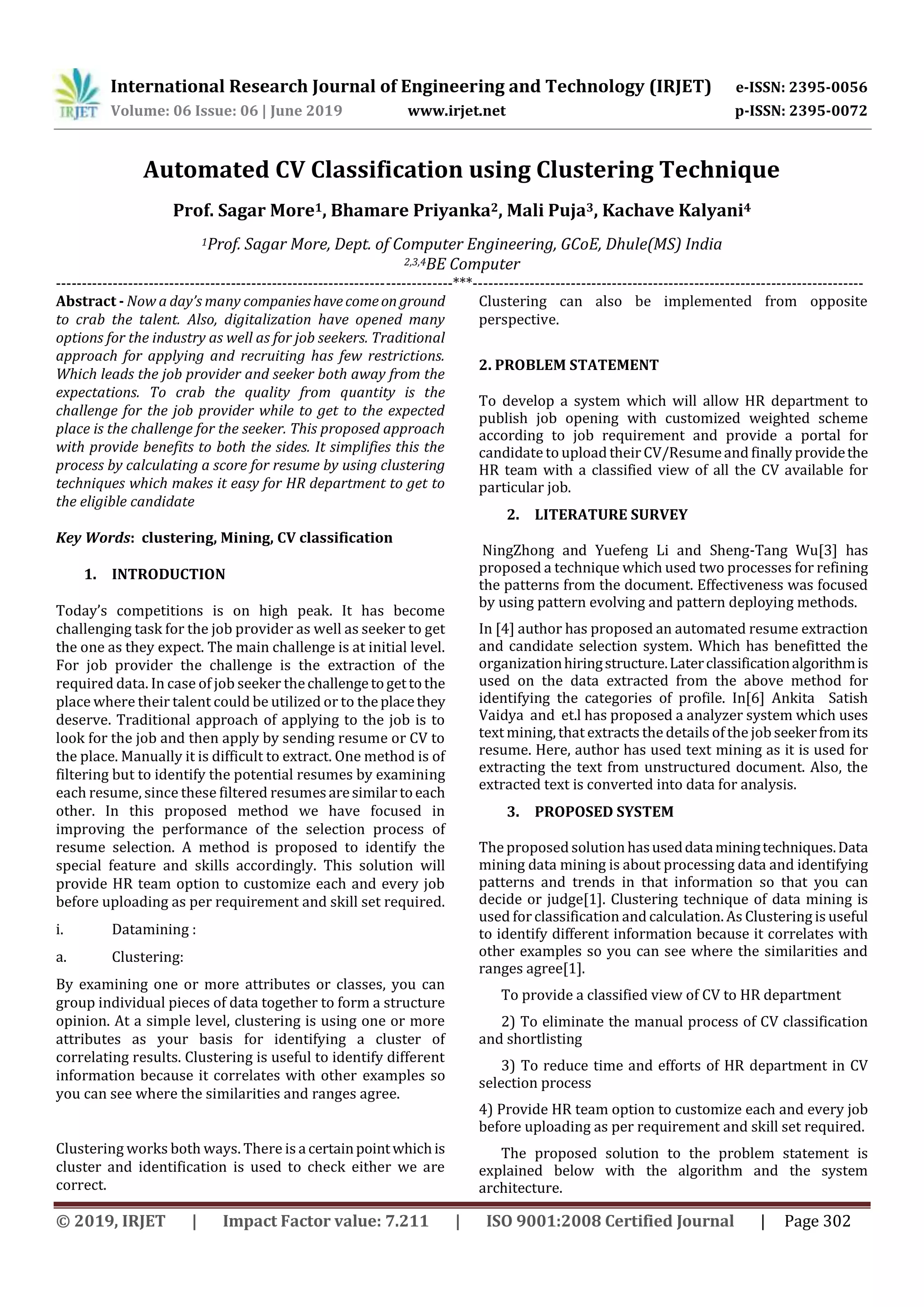 IRJET- Automated CV Classification using Clustering Technique | PDF