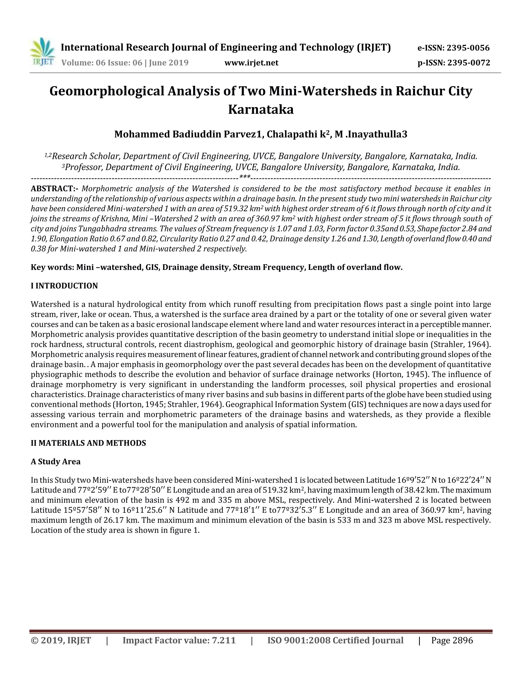 Geomorphological Analysis of Two Mini-Watersheds in Raichur City ...