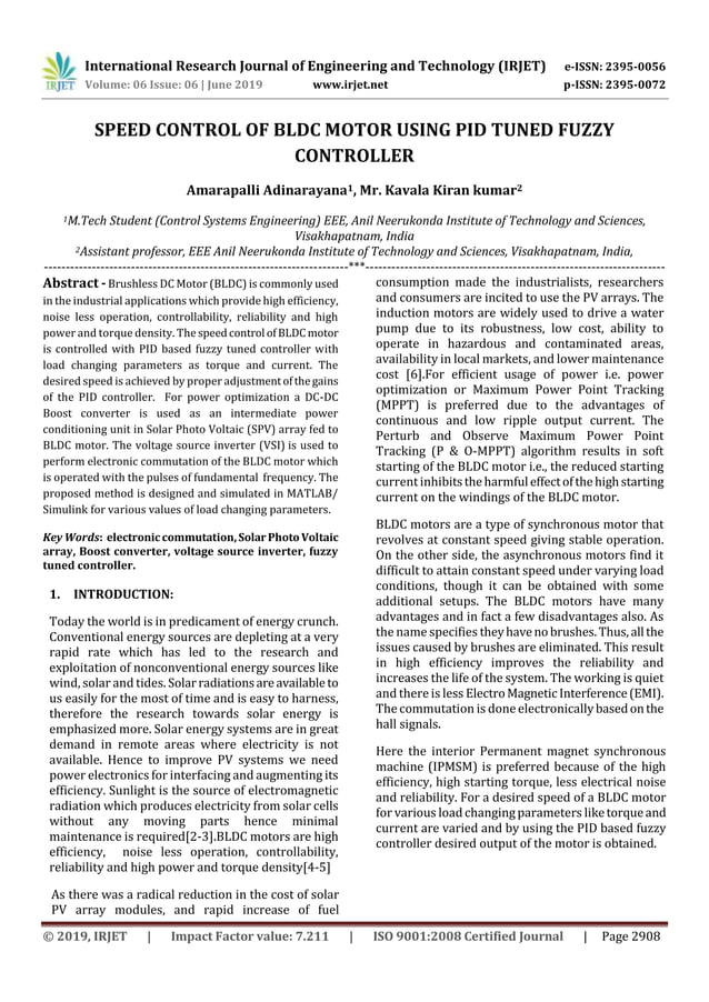 IRJET- Speed Control of BLDC Motor using PID Tuned Fuzzy Controller | PDF