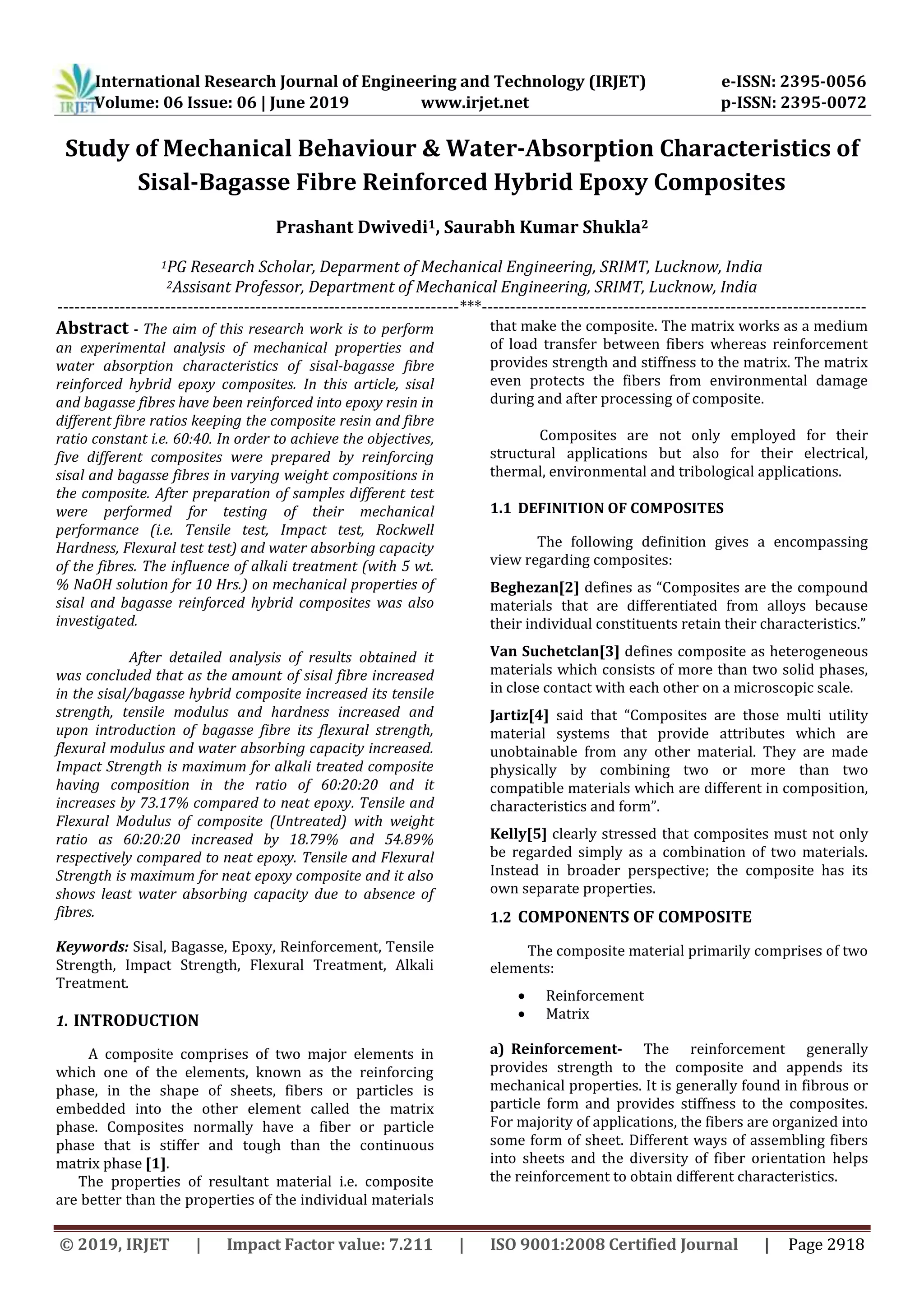 IRJET- Study of Mechanical Behaviour & Water-Absorption Characteristics ...