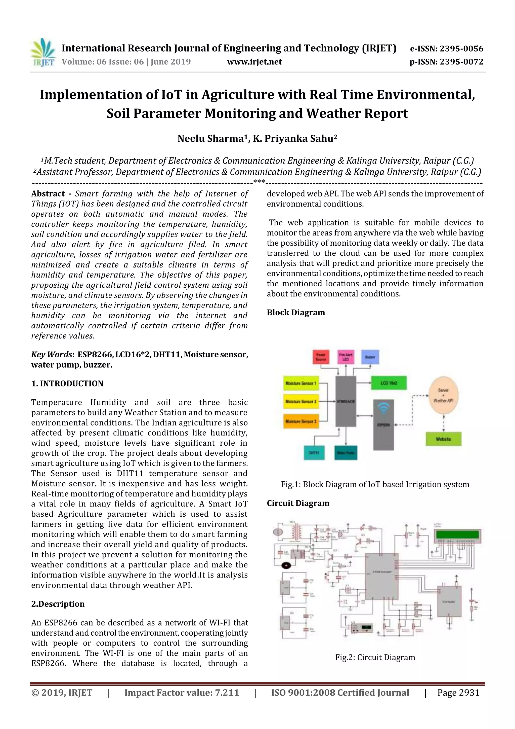 IRJET- Implementation of IoT in Agriculture with Real Time Environmental, Soil Parameter ...
