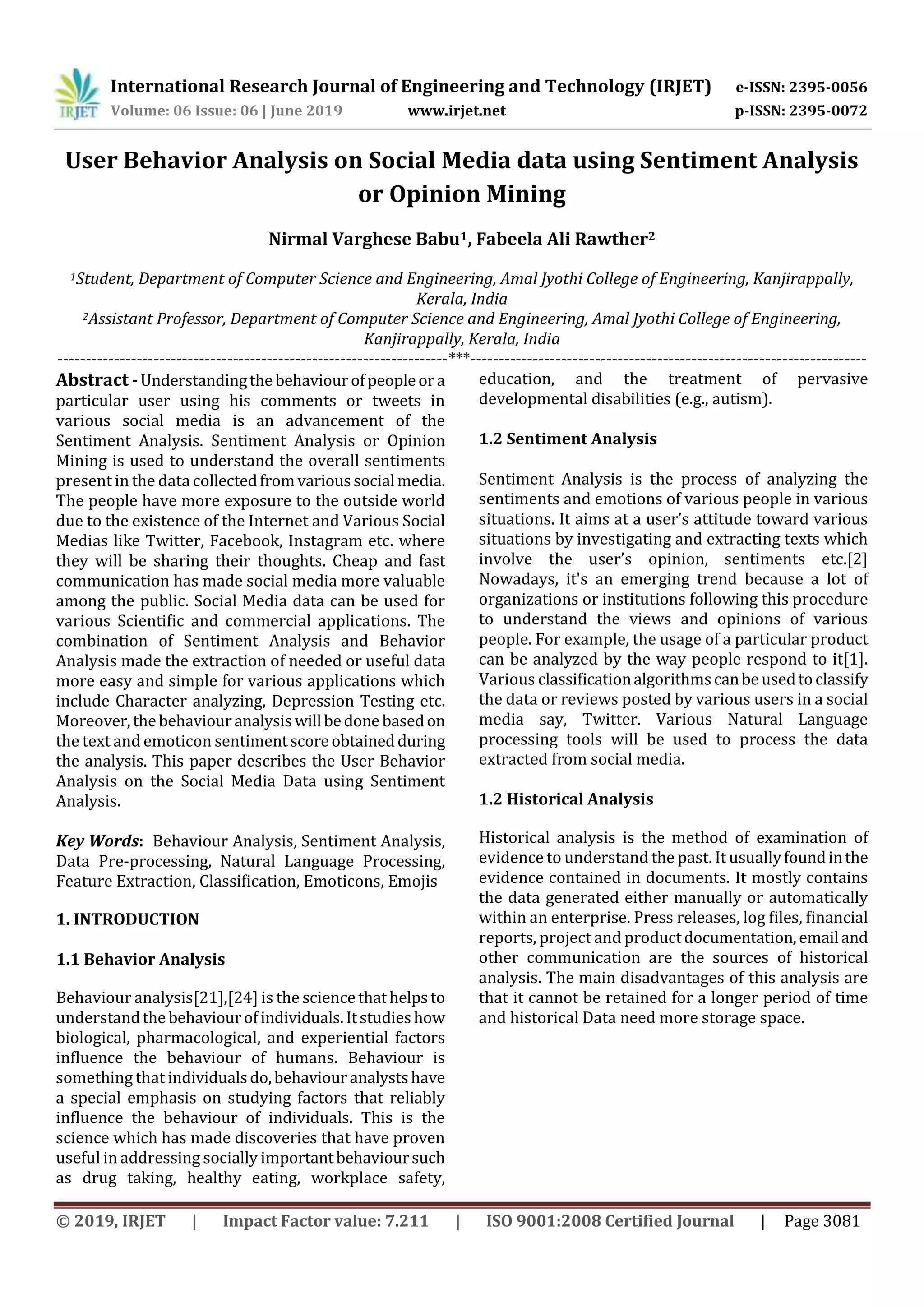 IRJET- User Behavior Analysis on Social Media Data using Sentiment Analysis or Opinion Mining | PDF