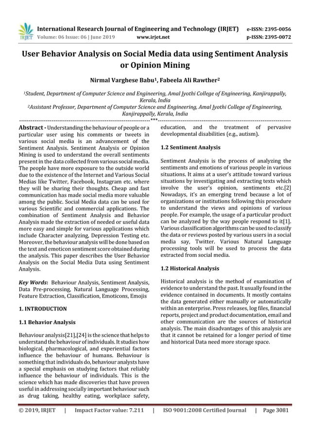 IRJET- User Behavior Analysis on Social Media Data using Sentiment Analysis or Opinion Mining | PDF