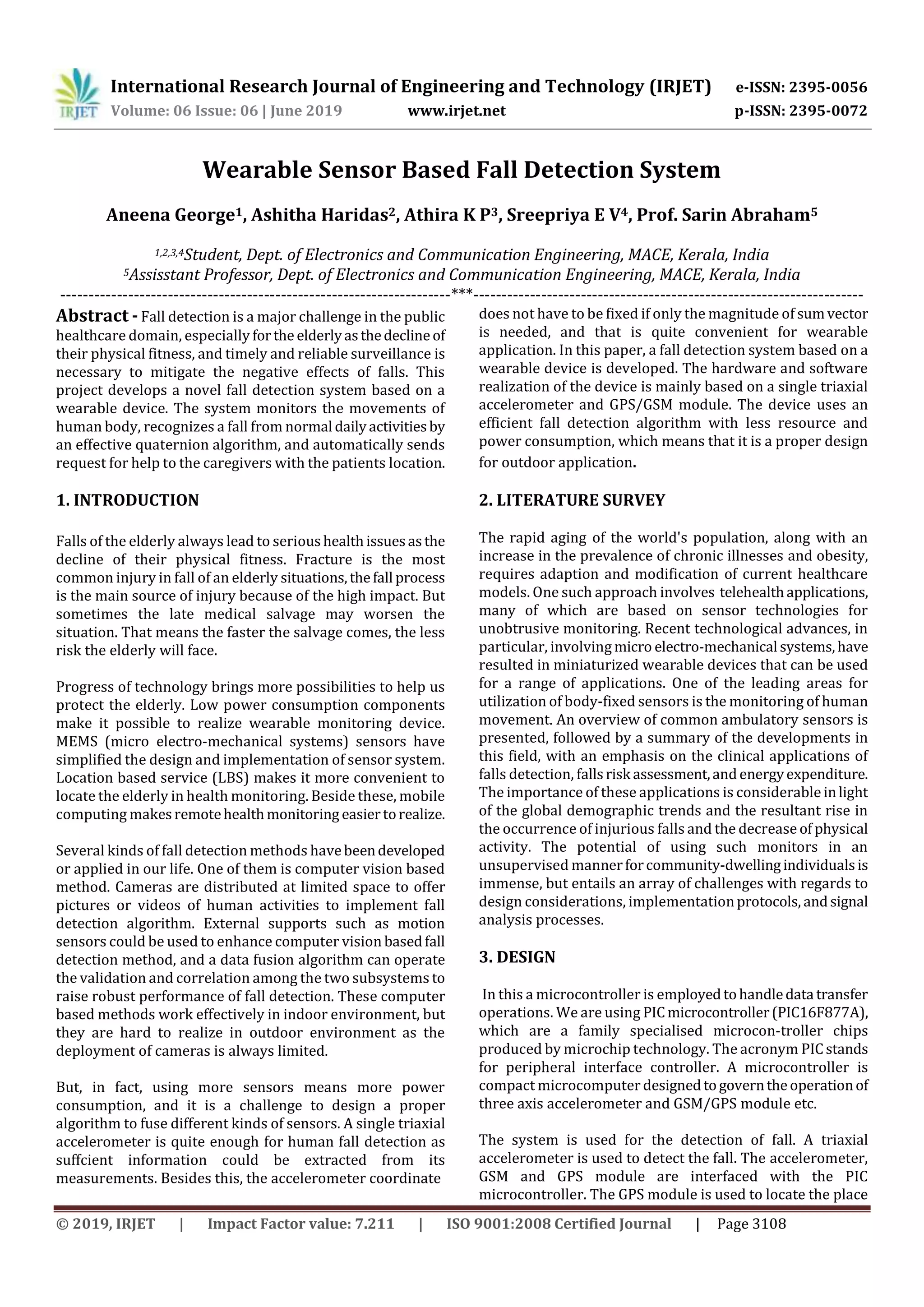 Irjet Wearable Sensor Based Fall Detection System Pdf