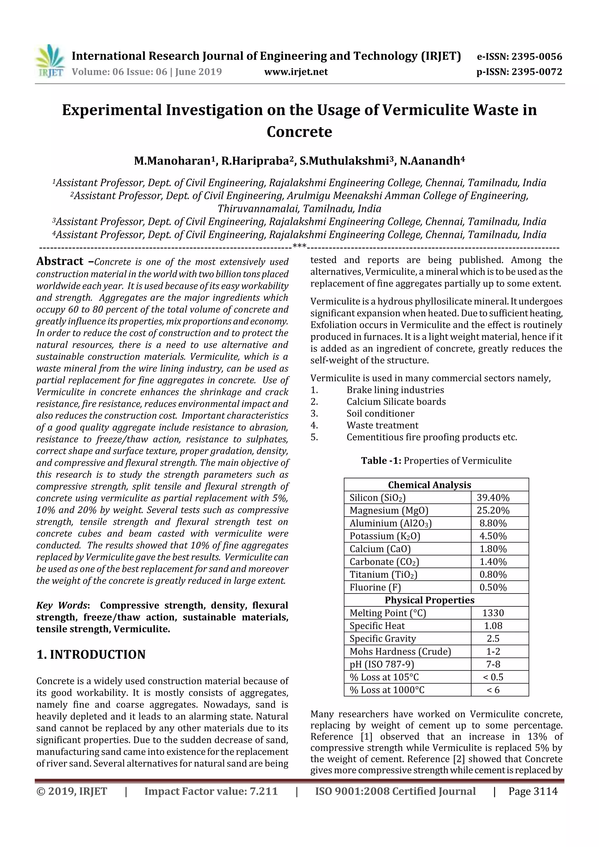 IRJET- Experimental Investigation on the Usage of Vermiculite Waste in Concrete | PDF