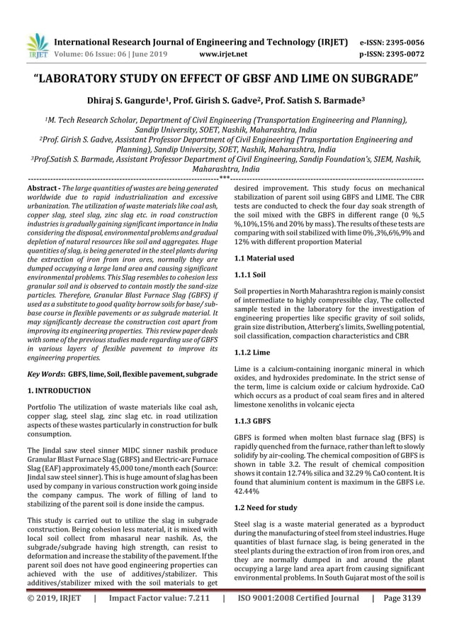 IRJET- Laboratory Study on Effect of GBSF and Lime on Subgrade | PDF