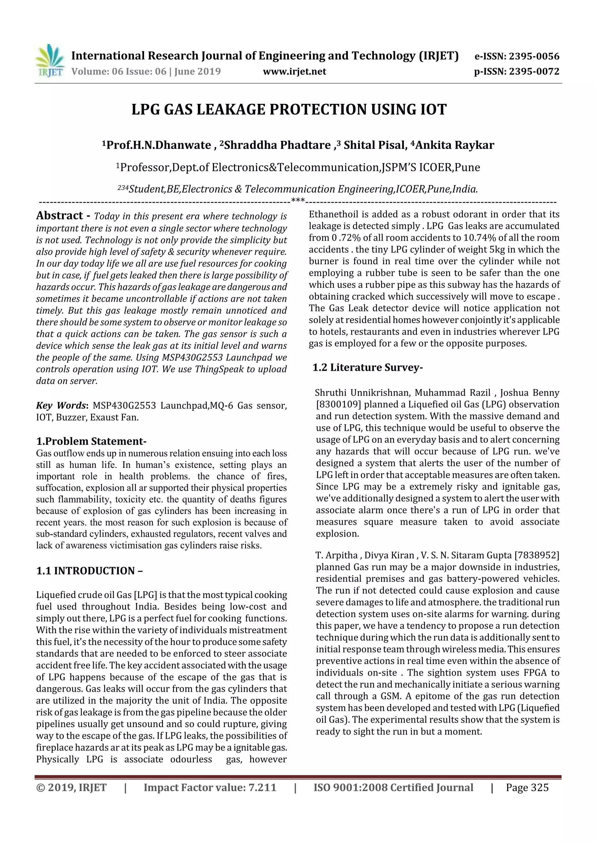 IRJET- LPG Gas Leakage Protection using IoT | PDF