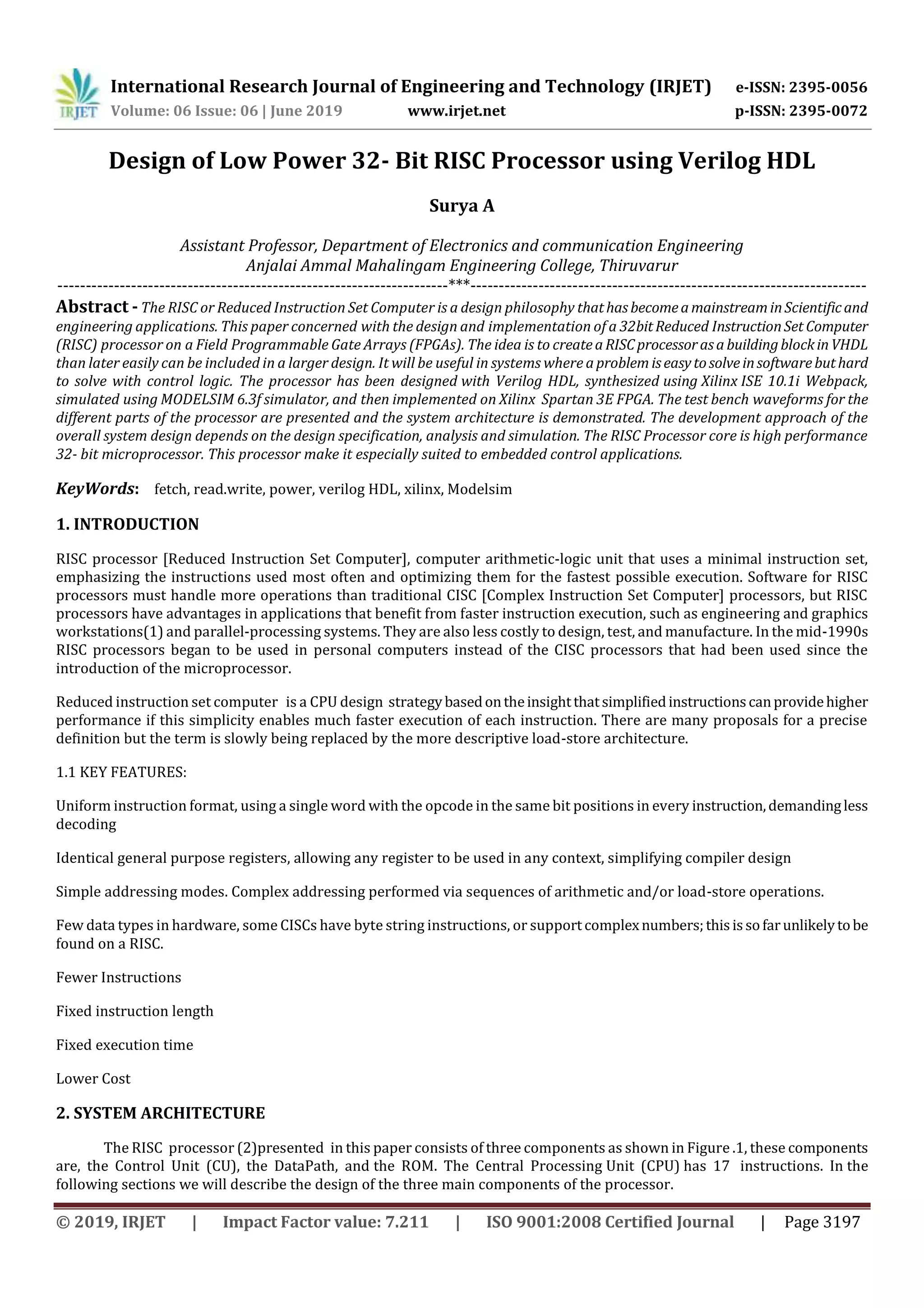 Irjet Design Of Low Power 32 Bit Risc Processor Using Verilog Hdl Pdf