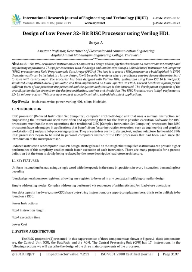 IRJET- Design of Low Power 32- Bit RISC Processor using Verilog HDL | PDF | Operating Systems ...