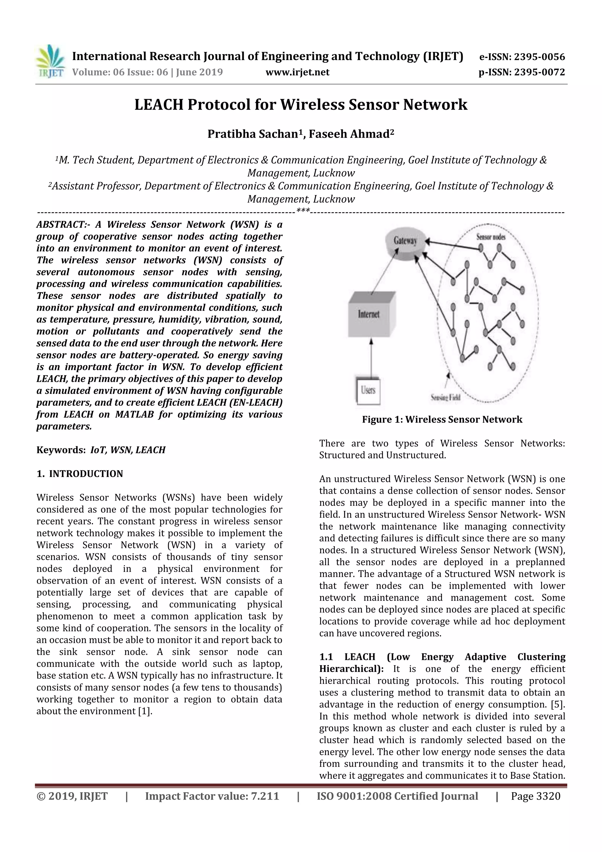 IRJET- LEACH Protocol for Wireless Sensor Network | PDF