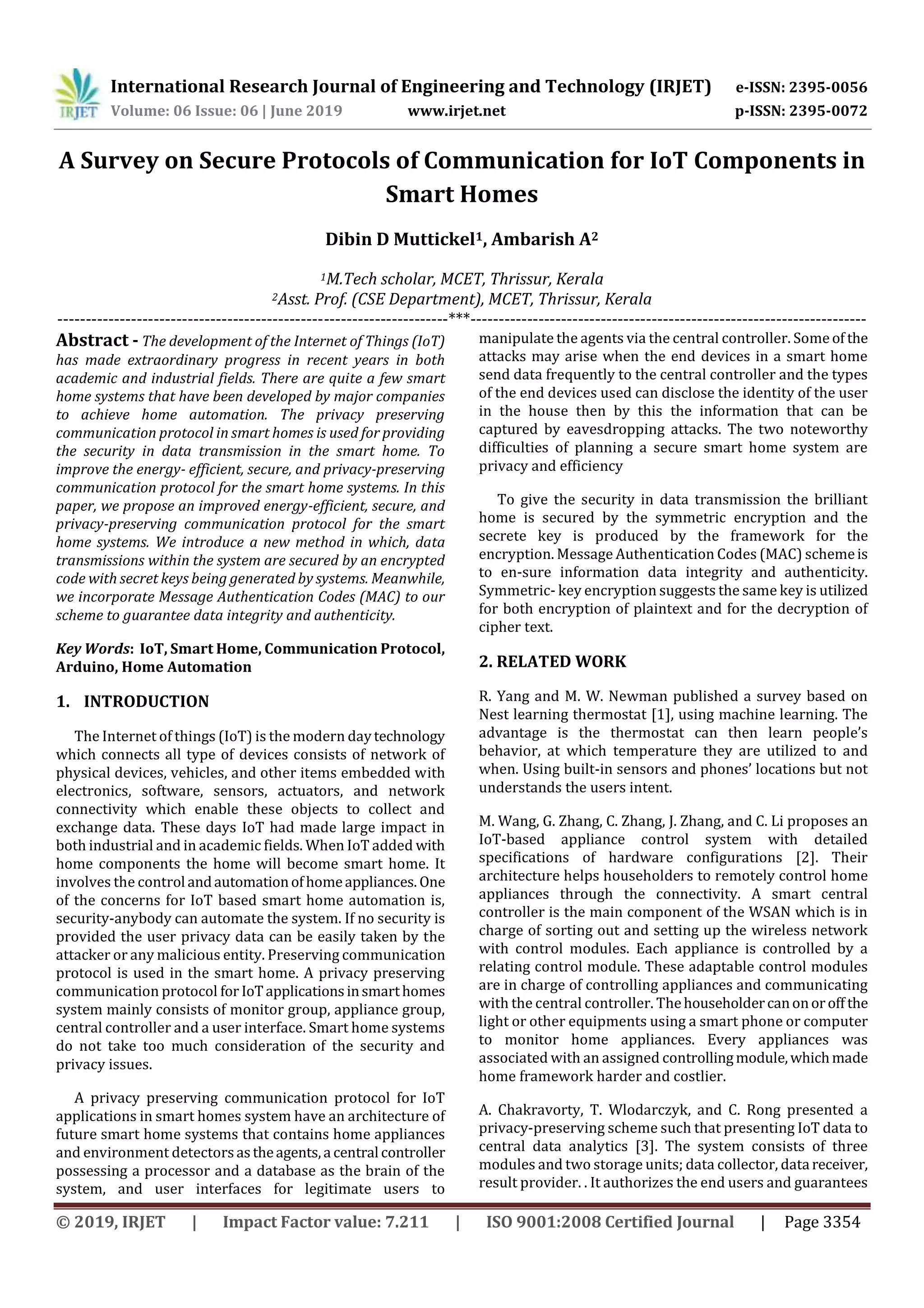 IRJET- A Survey on Secure Protocols of Communication for IoT Components in Smart Homes | PDF