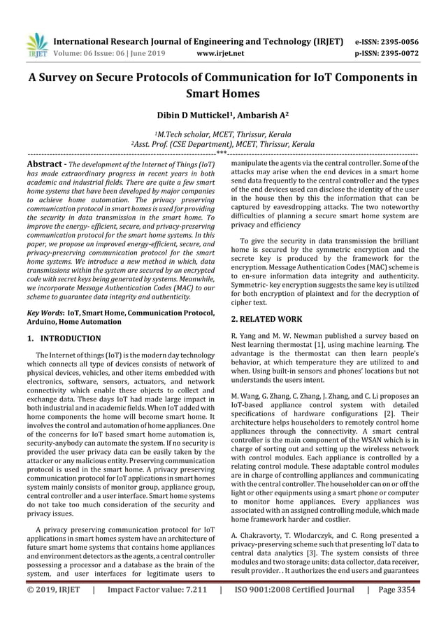 IRJET- A Survey on Secure Protocols of Communication for IoT Components in Smart Homes | PDF