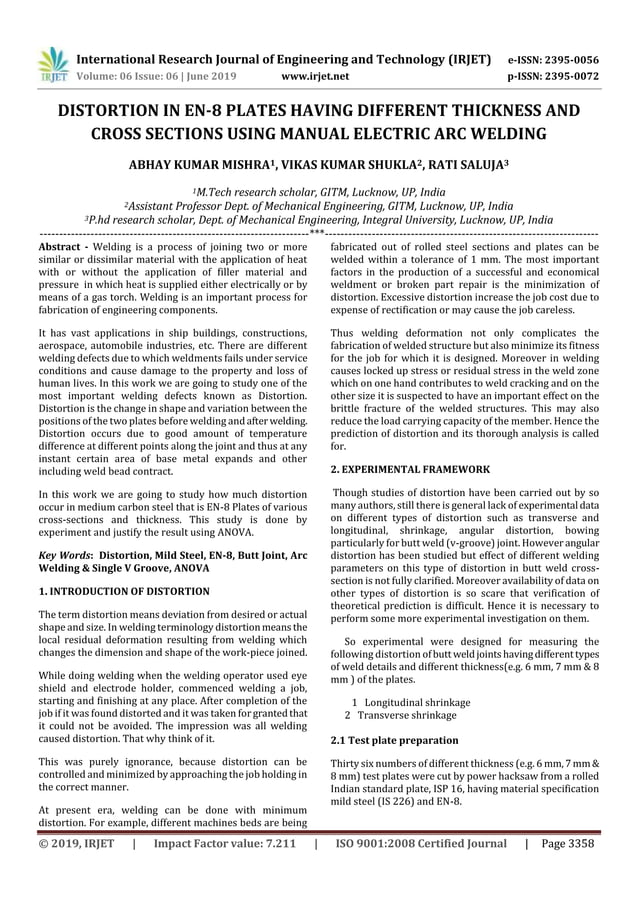 Irjet Distortion In En 8 Plates Having Different Thickness And Cross Sections Using Manual