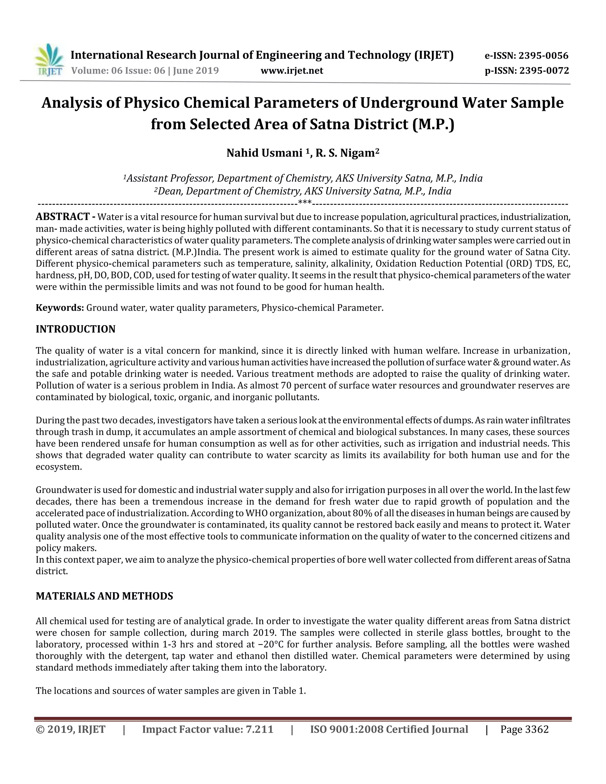IRJET- Analysis of Physico Chemical Parameters of Underground Water Sample from Selected Area of ...