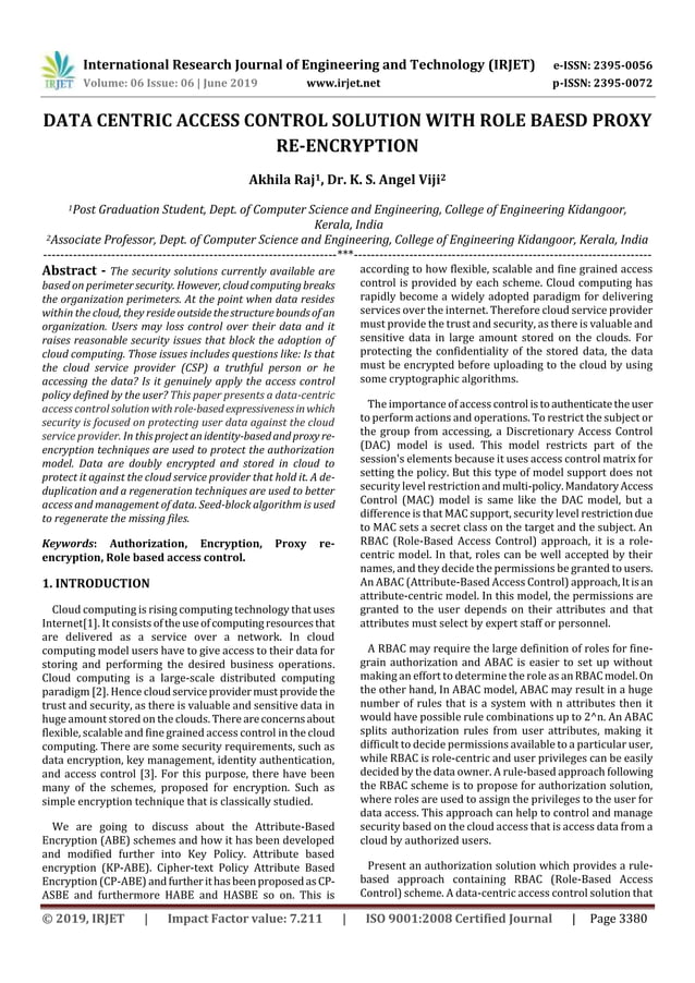IRJET- Data Centric Access Control Solution with Role baesd Proxy Re-Encryption | PDF