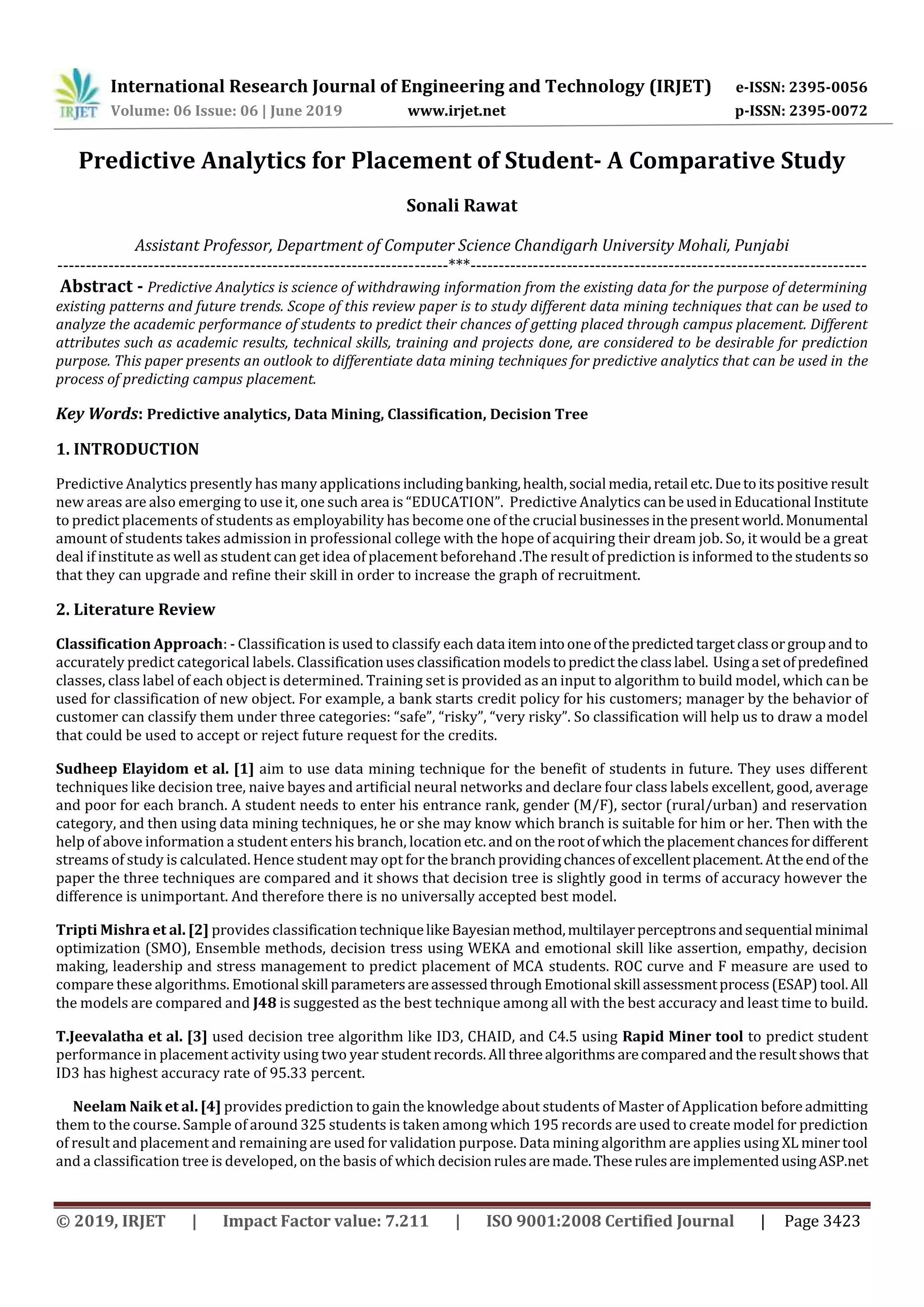 IRJET- Predictive Analytics for Placement of Student- A Comparative Study | PDF