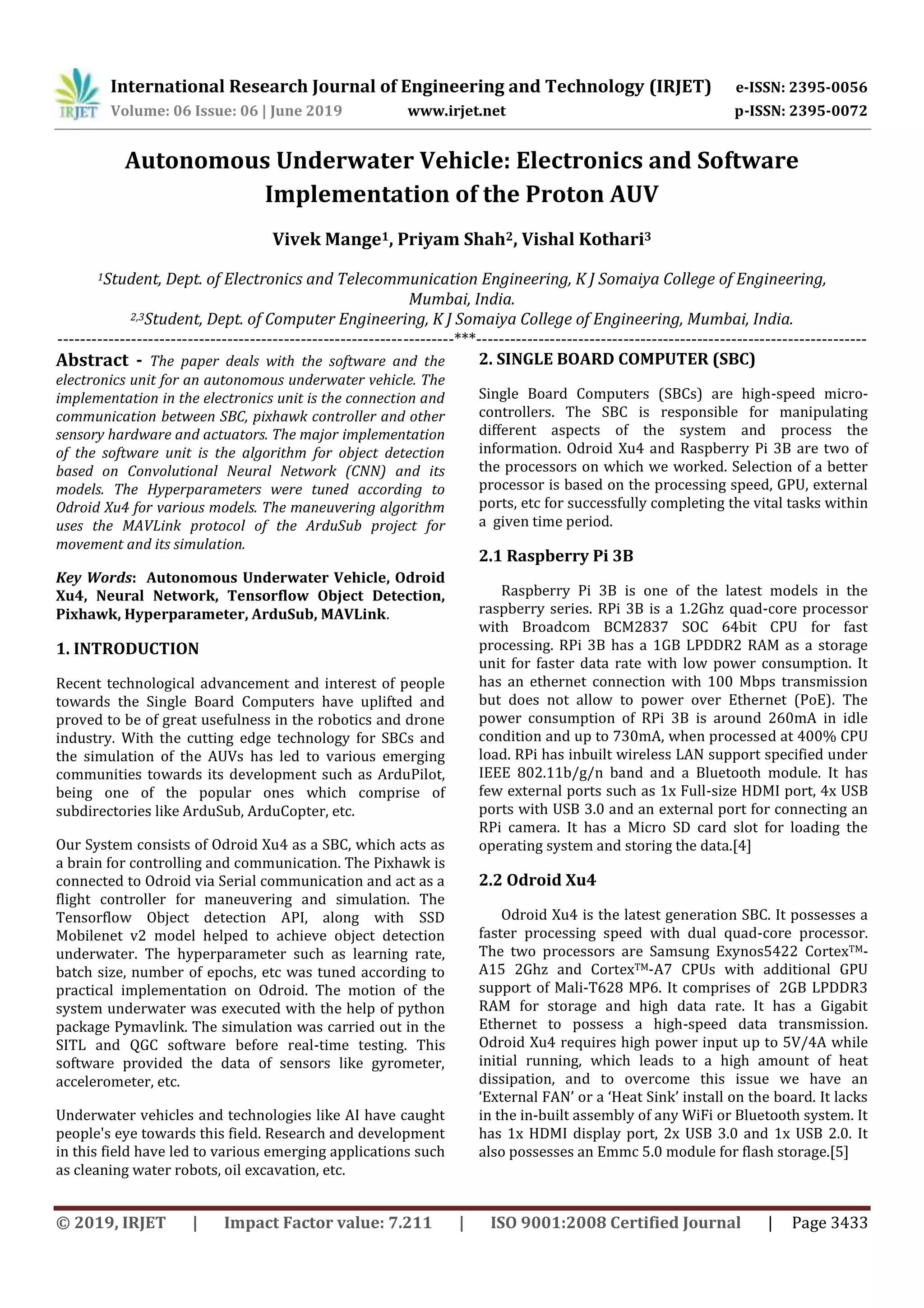 IRJET- Autonomous Underwater Vehicle: Electronics and Software Implementation of the Proton AUV ...