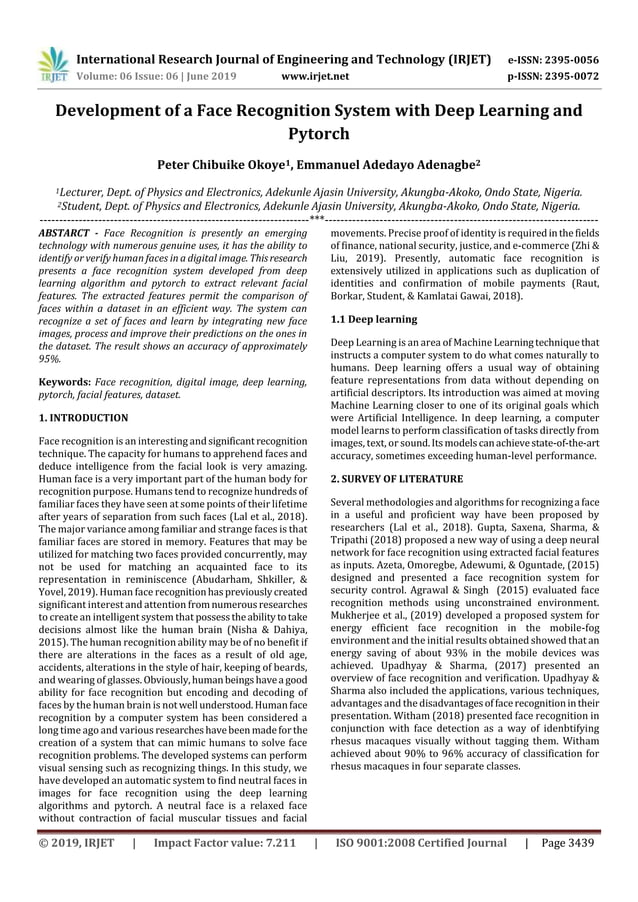 IRJET- Development of a Face Recognition System with Deep Learning and Pytorch | PDF