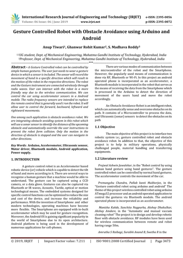 IRJET- Gesture Controlled Robot with Obstacle Avoidance using Arduino and Android | PDF