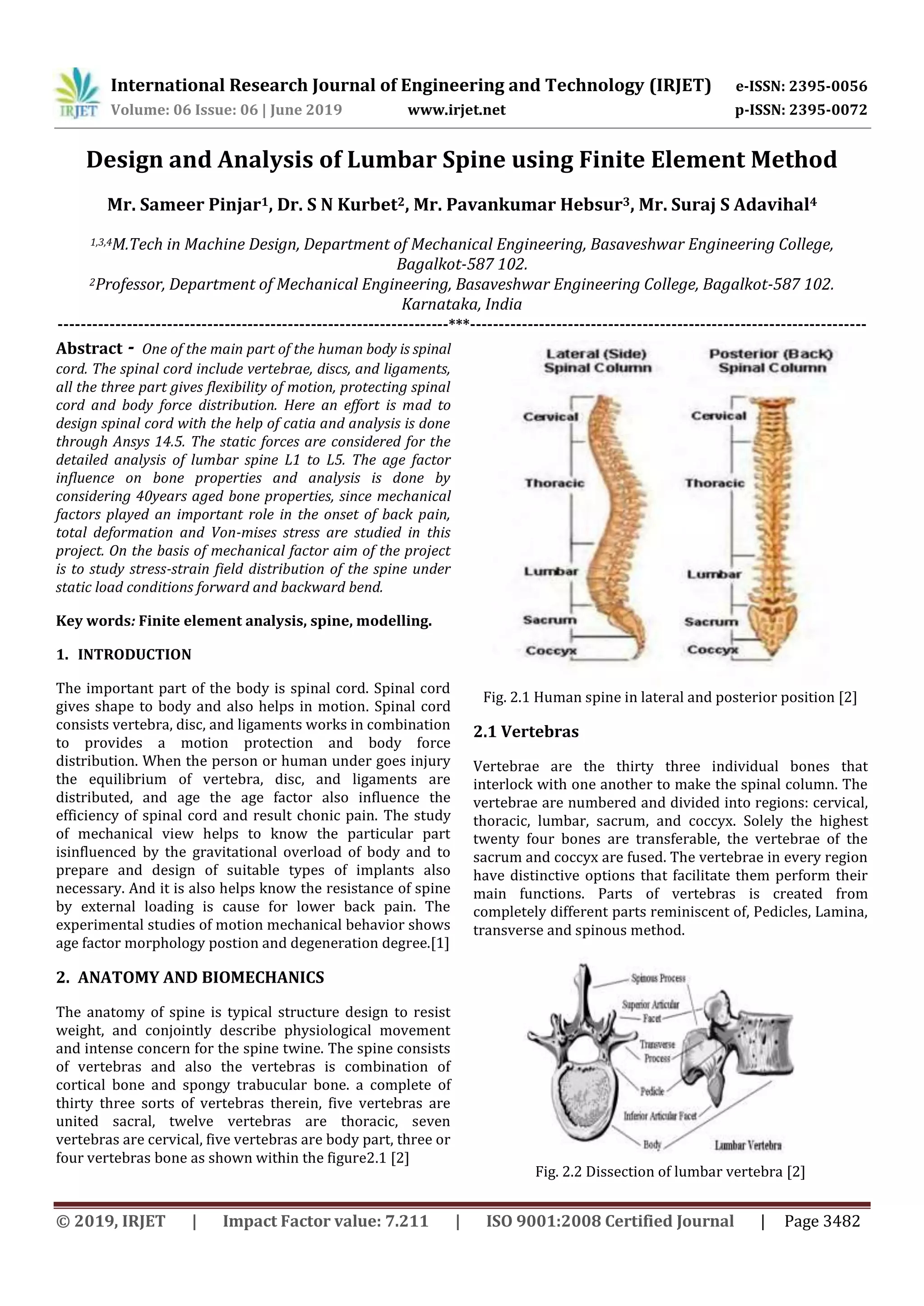 IRJET- Design and Analysis of Lumbar Spine using Finite Element Method | PDF