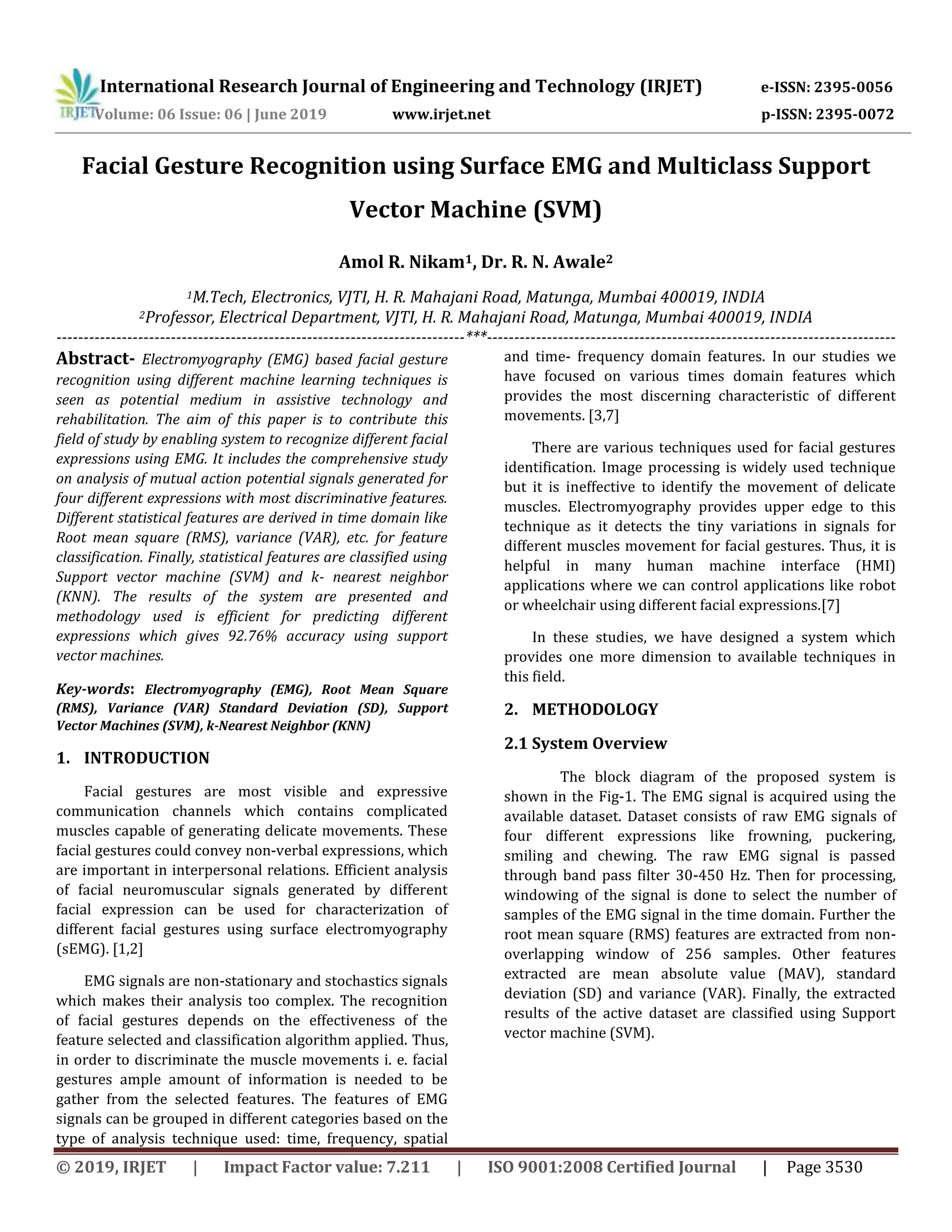 IRJET- Facial Gesture Recognition using Surface EMG and Multiclass Support Vector Machine (SVM ...